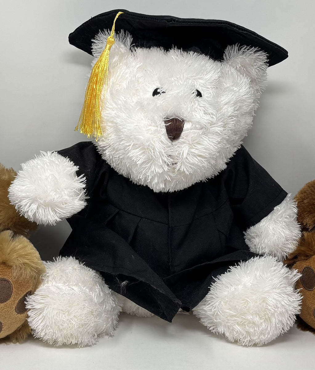 Bear 10" in Grad Cap and Gown with BCIT logo - White | BCITSA Geared Up