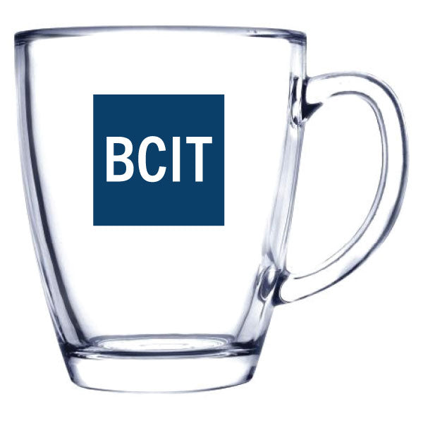 Glass Mug 12oz with BCIT logo in navy blue | BCITSA Geared Up